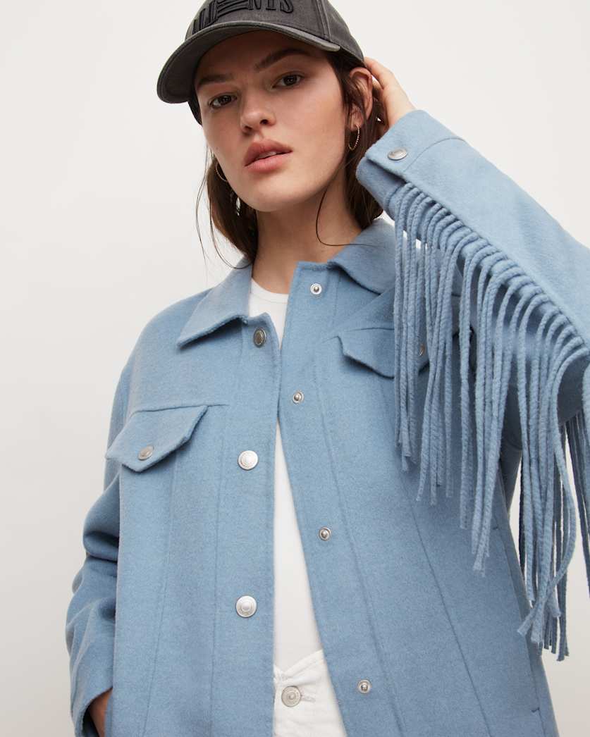 Franke Wool Blend Fringed Jacket FERN BLUE | ALLSAINTS